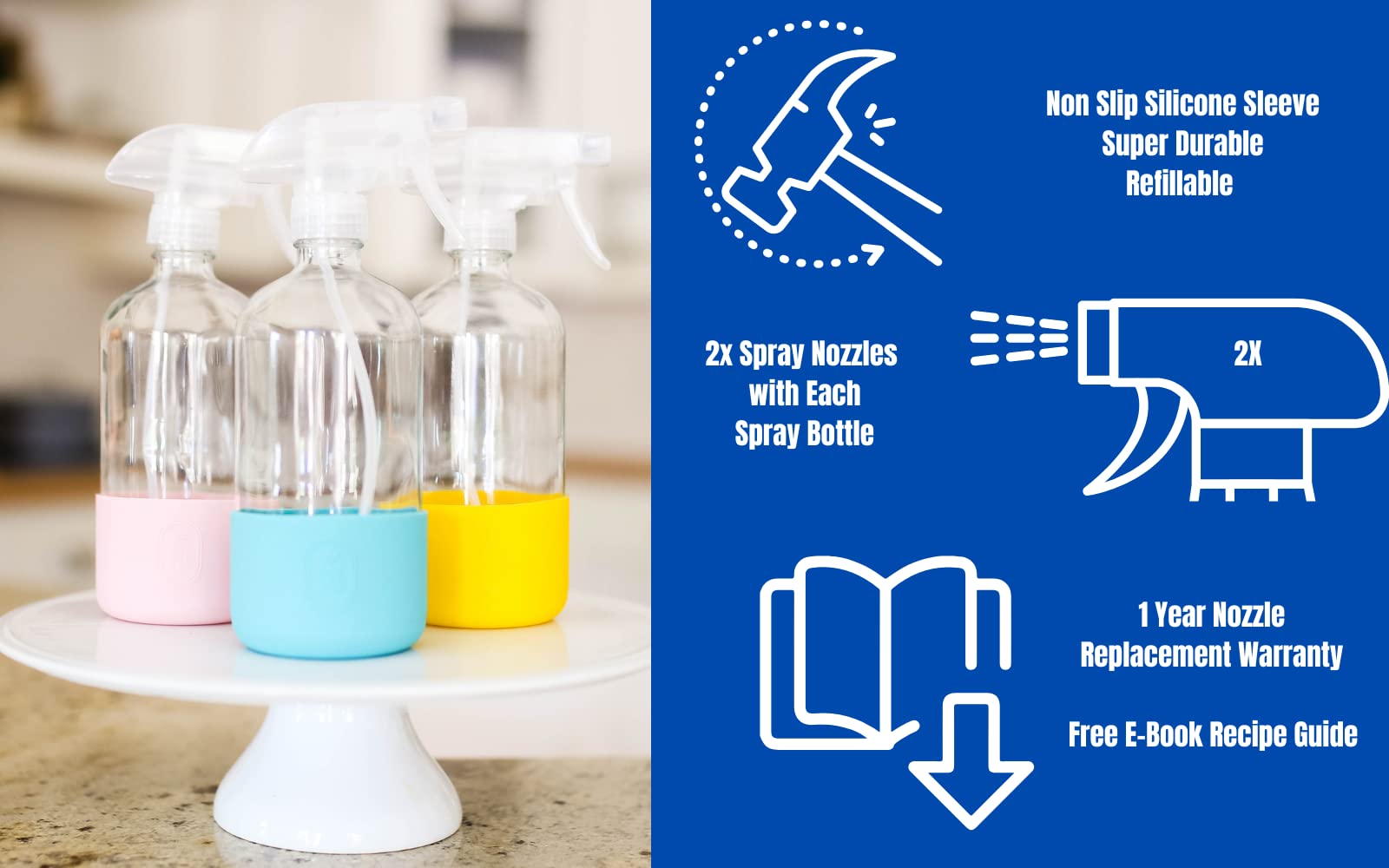 Just Like Joan 16 oz Glass Spray Bottles for Cleaning Solutions Clear Empty Spray Bottles with Sage Green Silicone Sleeve Essential Oils, Plants, Mist Sprayer Bleach Refillable Reusable Container Food