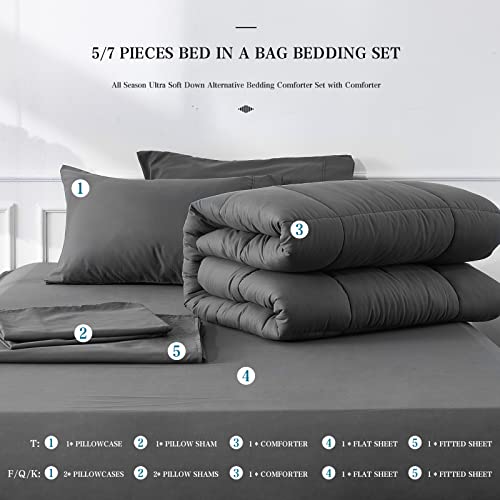 Newspin Full Bed in a Bag - 7 Pieces Dark Grey Comforter Set, Lightweight All Season Ultra Soft Bedding Comforter Set with Comforter, Flat Sheet, Fitted Sheet, Pillowcases & Shams