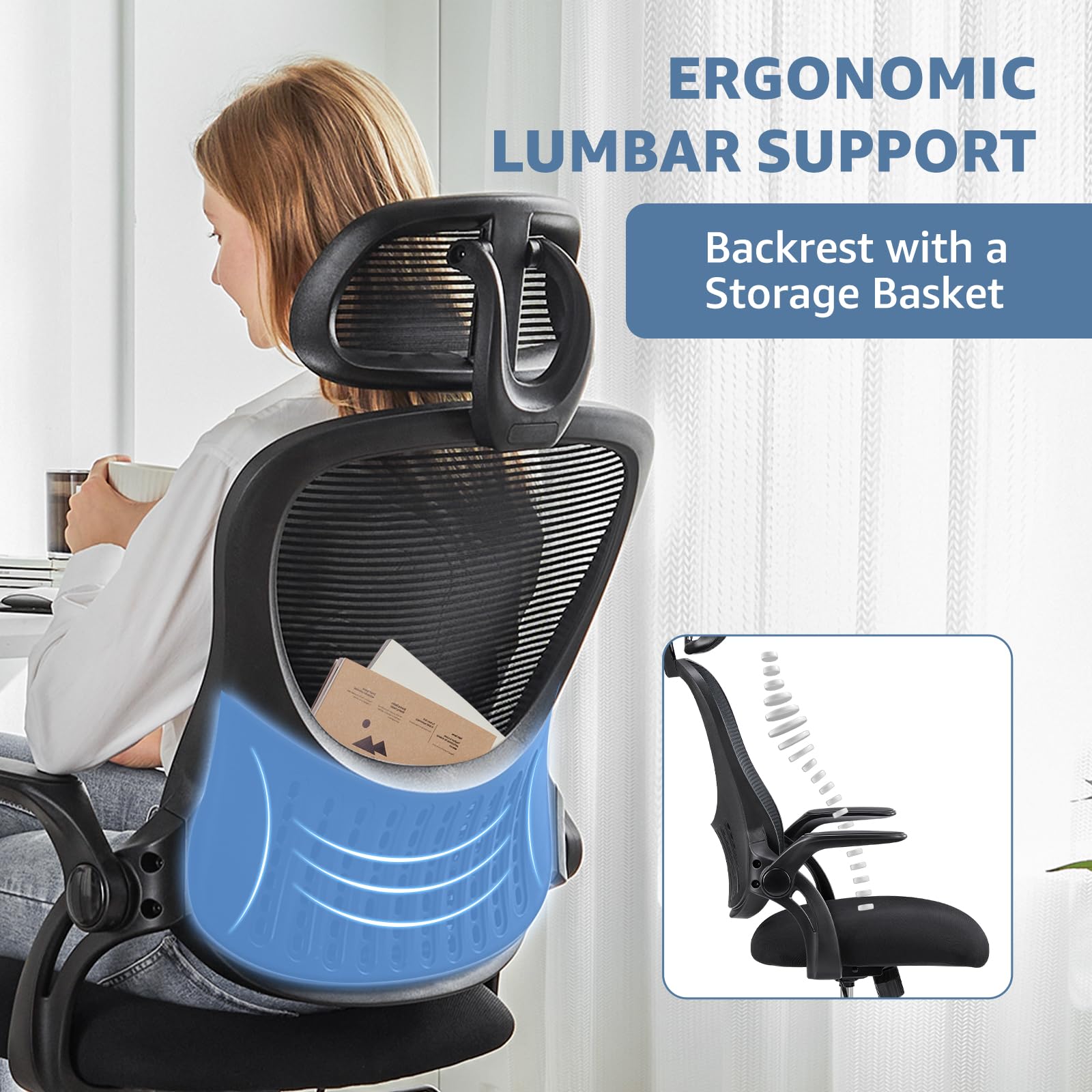 OLIXIS Ergonomic Office High-Back Mesh Computer Desk Wheels, Adjustable Headrest and Flip-Up Arms, Swivel Comfy Padded Rolling Task Chairs for Home Study Bedroom Gamer, Black, 26.69 x 25.39 x 52.95