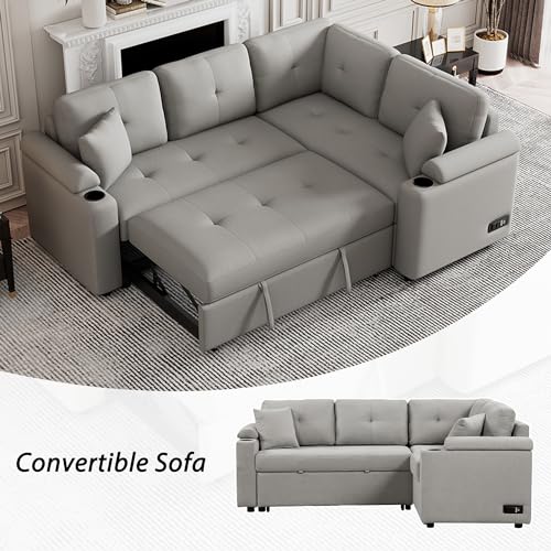 FANYE L-Shape Plush Tufted Upholstered Sleeper Sectional Sofa Convertible Sleep Sofabed W/Pull Out Couch Bed,Cupholders,USB Charging Ports and Power Sockets for Living Room