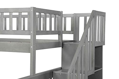 Cotoala Full Bunk Bed with Trundle, Wood Stairway Twin, Storage and Guard Rail, No Spring Box Needed, Grey, Twin Over Full