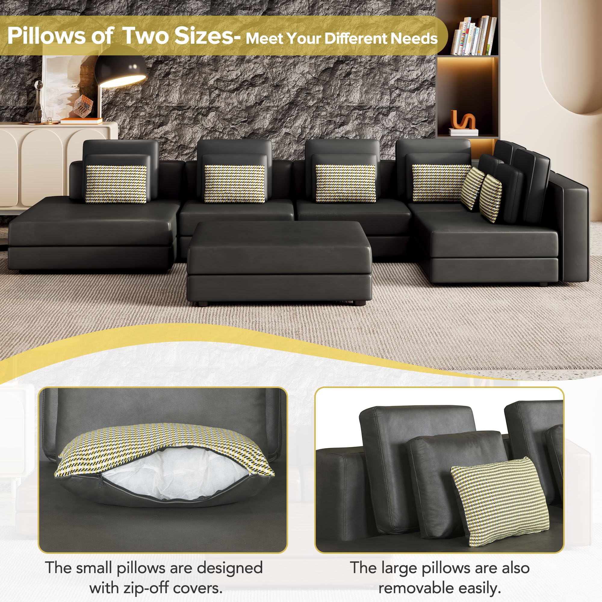 Olodumare Oversized Modular Technical Leather Sectional Sofa Couch,U Shaped Convertible Corner Couch with Reversible Chaise Lounge and Movable Ottoman, Living Room Furniture Sets,Grey