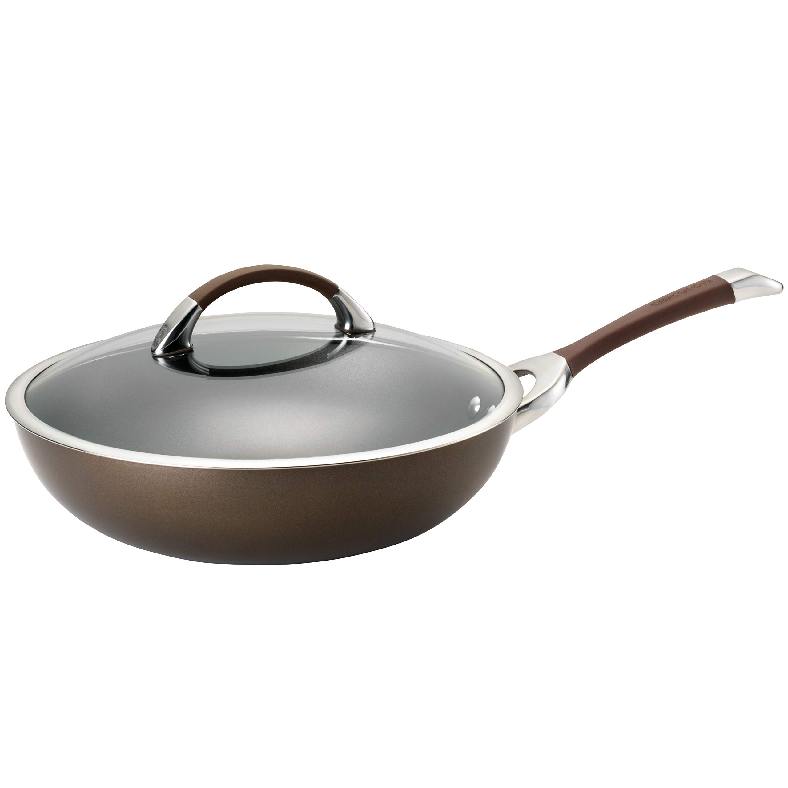 Circulon Symmetry Dishwasher Safe Hard Anodized Nonstick Cookware Pots and Pans Set, 11-Piece, Chocolate & Symmetry Hard Anodized Nonstick Wok/Stir Fry Pan with Lid, 12", Chocolate