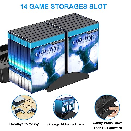 PS5 Charging Station with Cooling Fan, DualSense Controller Vertical Stand Dock for PS5 Console and Digital Edition, 3 USB Ports Retractable 14 Game Slots Storage Bracket for PlayStation 5 Accessories