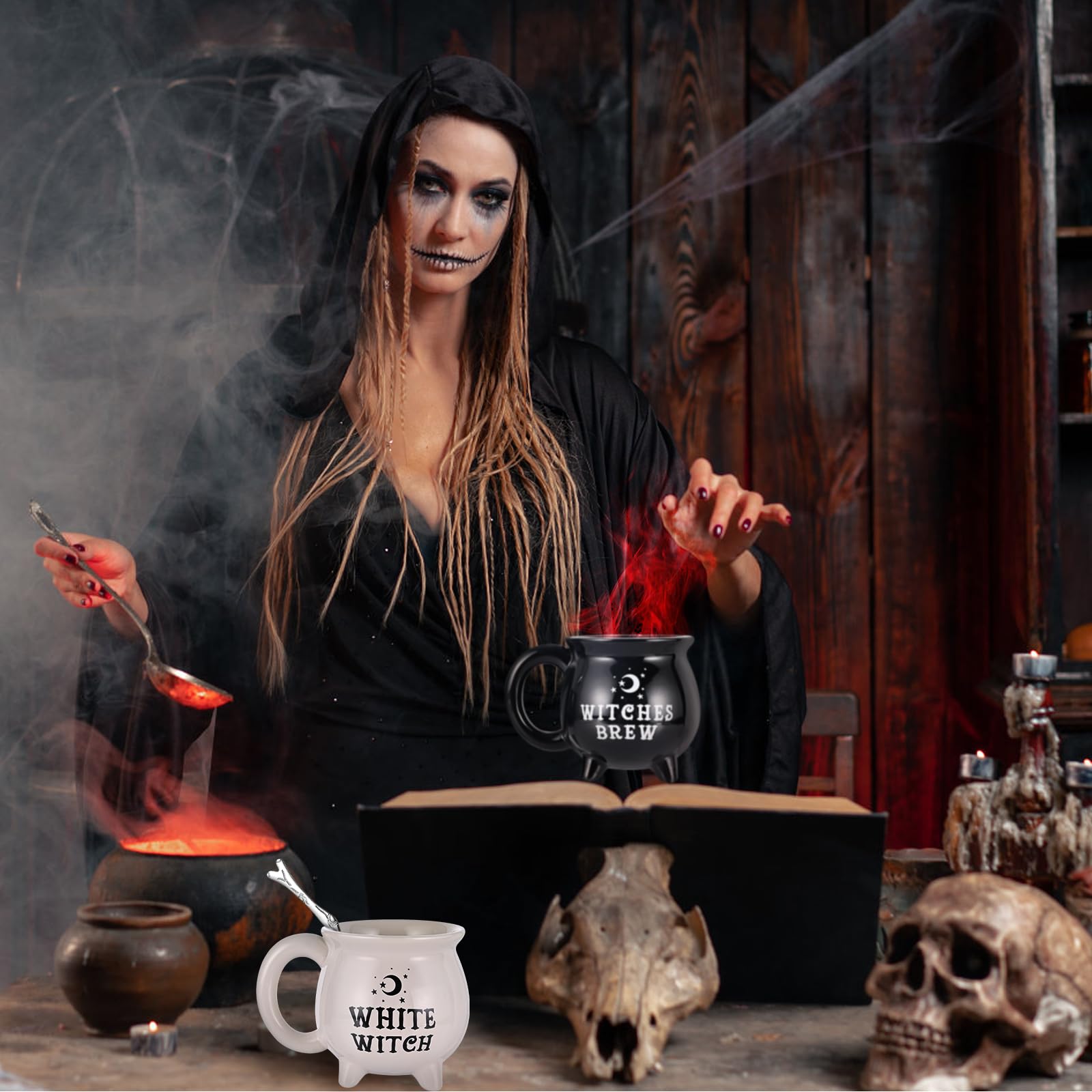 JolliKids 2 Pack Witches Brew Cauldron Mugs Halloween Cauldron Mugs Halloween Gifts 12 Oz Ceramic Coffee Mugs Black and White Cups with 2 Pcs Spoons Halloween Decoration for Tabletop