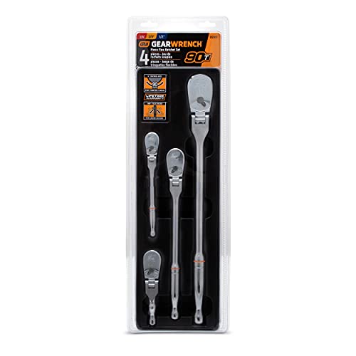 GEARWRENCH 4 Piece 1/4", 3/8" & 1/2" Drive 90 Tooth Full Polish Flex-Head RATCHET Set - 81230T, Multicolored