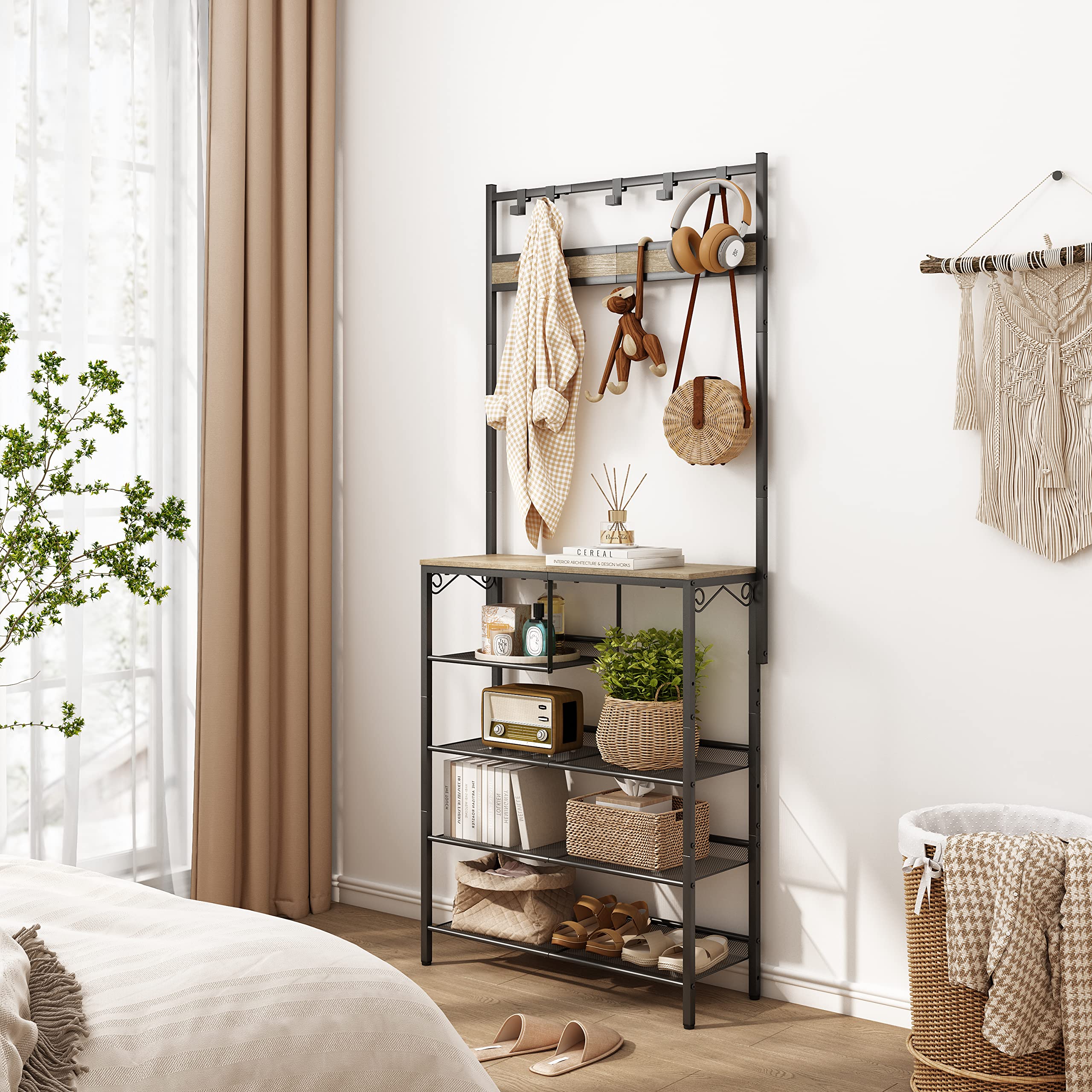 Hoctieon 5-Tier Hall Tree with Shoe Rack, Hall Trees for Entryway with Storage, Hall Tree with Bench and Shoe Storage, Mesh Slant, Greige