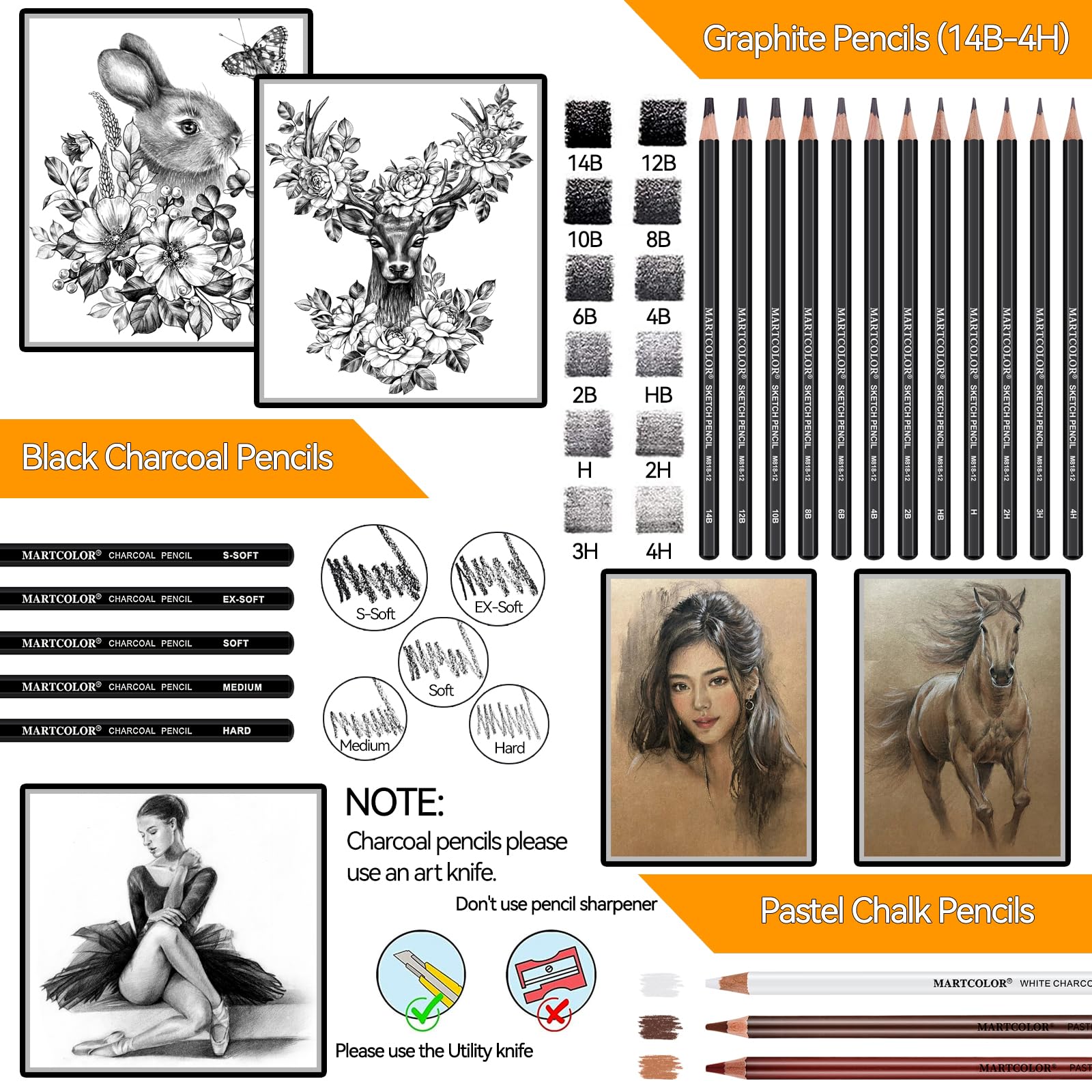 MARTCOLOR Drawing Sketching Pencils Set, 34 Pieces Pro Art Pencil Kit - Graphite Pencils (14B-4H), Charcoal Pencils, Charcoal Sticks, Artist Pencils for Beginners & Pro Artists