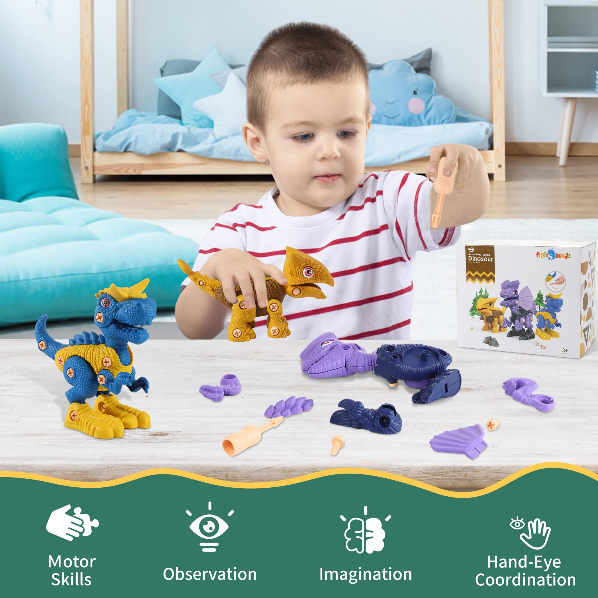 FLYINGSEEDS Take Apart Dinosaur Toys Playset for Kids Age 3 4 5 6 7 8 Year Old, STEM Learning Educational Building Construction Set with Activity Play Mat & Wildlife Figures for Toddlers Boys