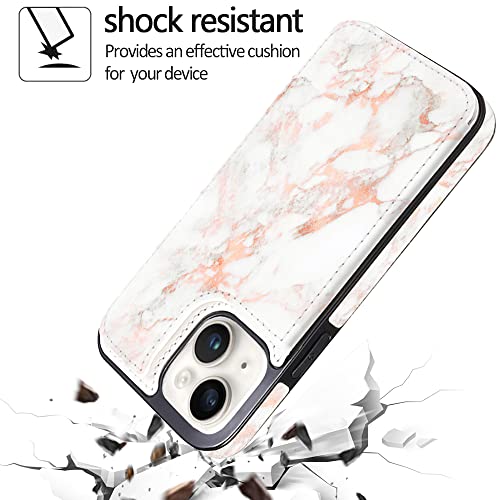 uCOLOR Flip Leather Wallet Case Card Holder Compatible with iPhone 13 6.1 iPhone 14 6.1 Women and Girls with Card Holder Kickstand (Rose Gold Marble)