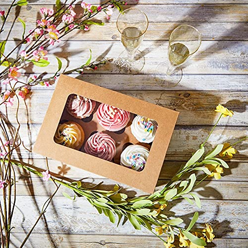 Juvale 24 Pack Cupcake Containers with Windows, 6 x 6 Boxes with 4 Count Inserts for Muffins (Kraft Paper)