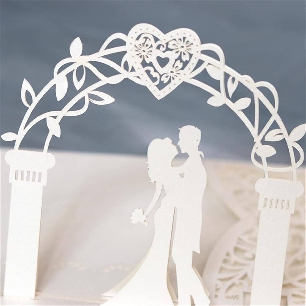 NC 10sets 3D Pop Up Bride And Groom White Wedding Invitation Card Laser Cut Pocket Floral Engagement Invitations with Envelope & Inner Paper (White), 18x12.5CM