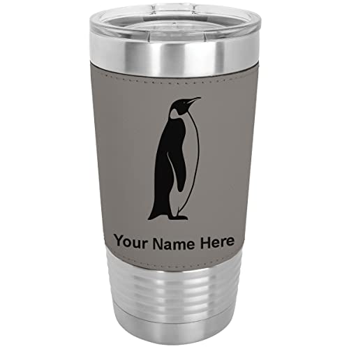 LaserGram 20oz Vacuum Insulated Tumbler Mug, Penguin, Personalized Engraving Included (Faux Leather, Gray)