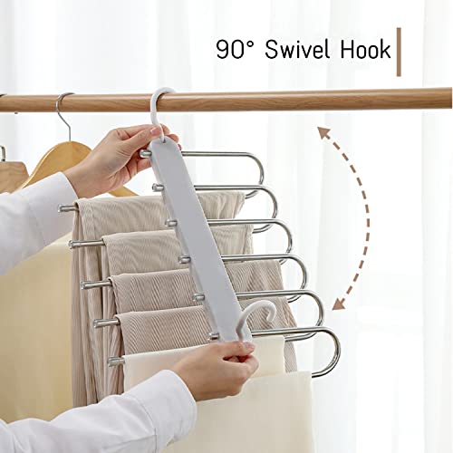 Pants Hangers Space Saving | Lerkumey Non-Slip Clothes Hangers | Multifunctional Clothes Pants Hangers Closet Storage Organizer | 6 Layered Pants Rack Organizer for Scarf Jeans Trousers(Grey)