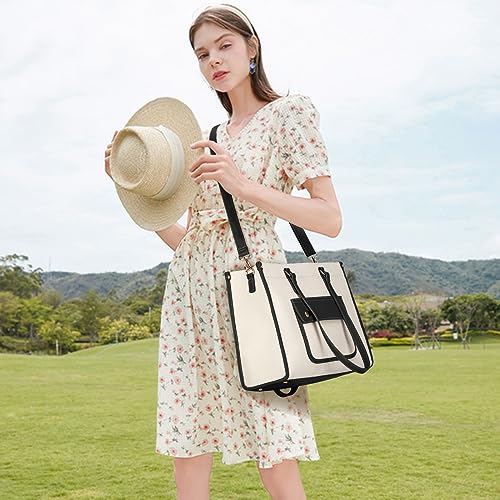 Laptop Bag for Women 15.6 Inch Canvas Tote Bag Water Resistant Large Capacity Work Bags Lightweight Office Briefcase Business Computer Bag Stylish Shoulder Bag Handbag, Black