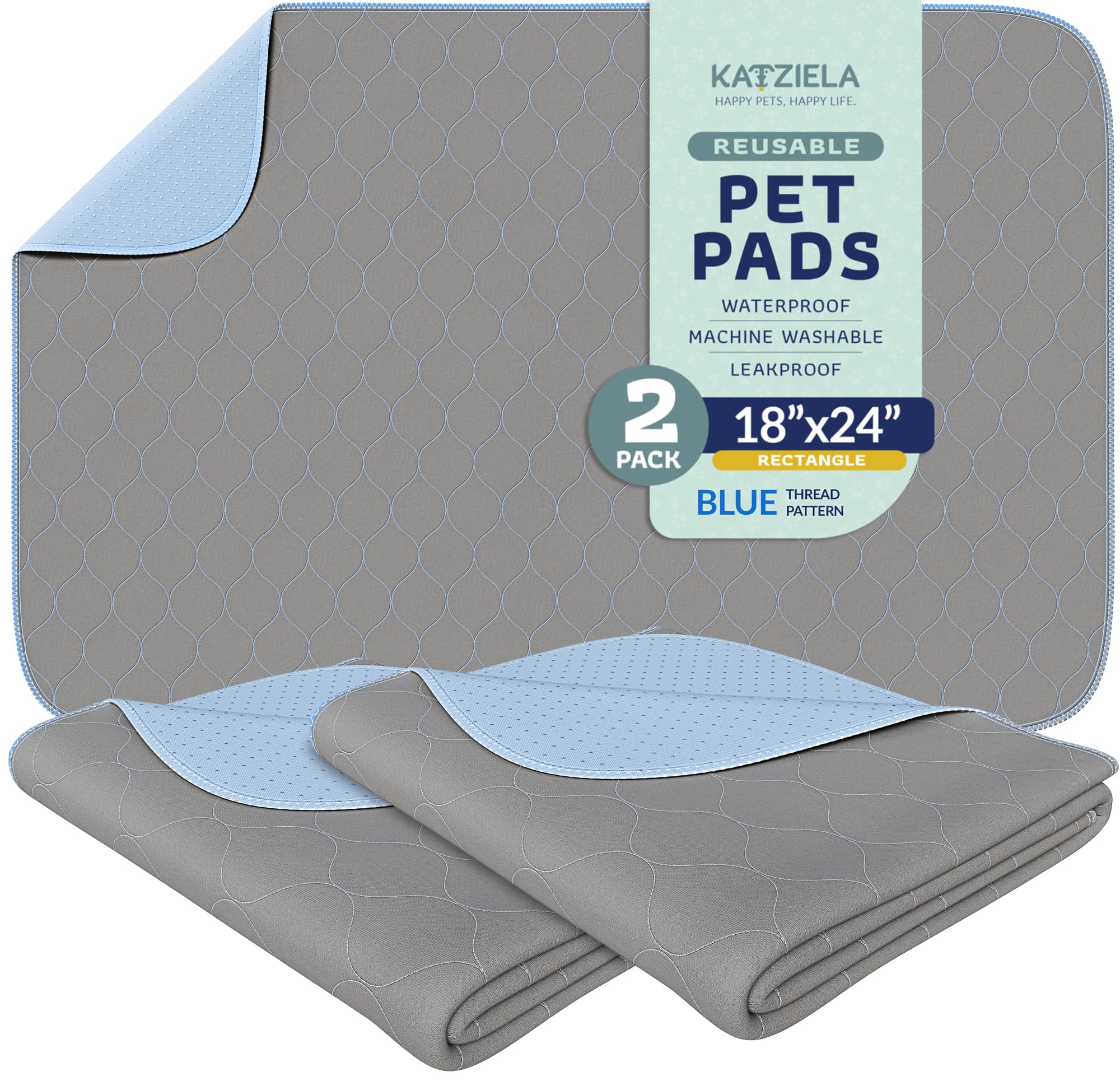 Katziela Washable Pet Pads (2 Pack 18in x 24in) Super Absorbent Waterproof Reusable Dog Pee Pads for Dogs Washable Puppy Pads for Potty Training Housebreaking Washable Pee Pads for Dogs Blue Stitching