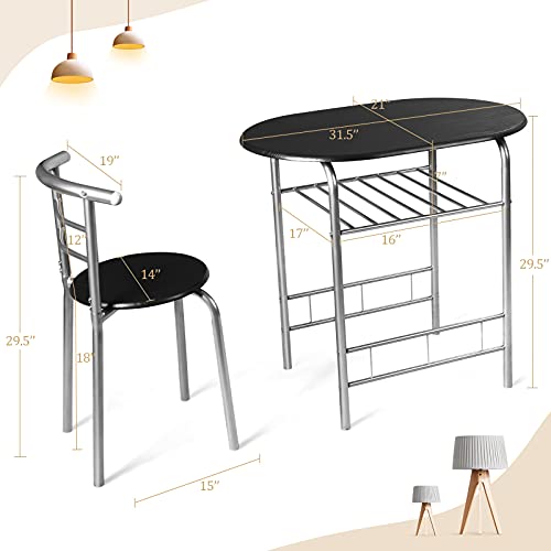 Harmony-Furniture 3-Piece Dining Table Set, Kitchen Table Set with Metal Frame & Shelf Storage, Compact Dining Table and Chairs Set for Kitchen, Restaurant, Café, Bistro (Black & Sliver)