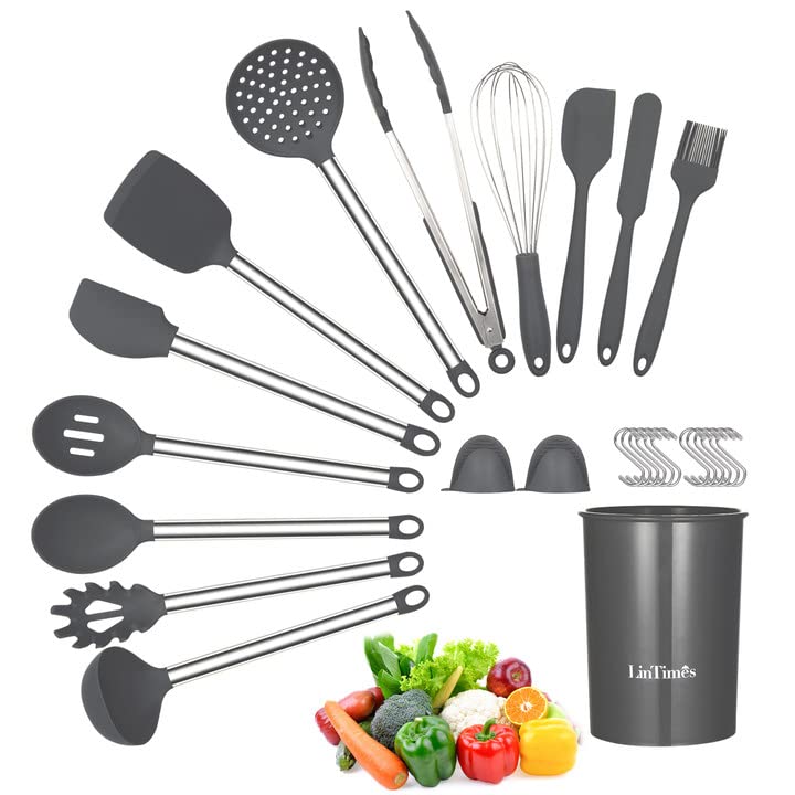 Cibeat Cooking Utensil Set, 27pcs Kitchen Silicone Cooking Utensils Set, Non-stick Kitchen Cookware with Stainless Steel Handle and Holder, Grey