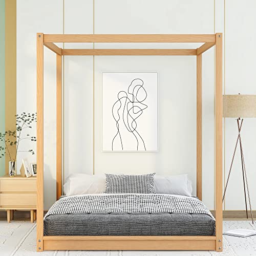 Harper & Bright Designs Queen Size Canopy Platform Bed,Wooden Canopy Bed Frame Queen with Support Legs,Queen Canopy Bed with Low Base for Kids Teens Adults, No Box Spring Needed (Queen, Natural)