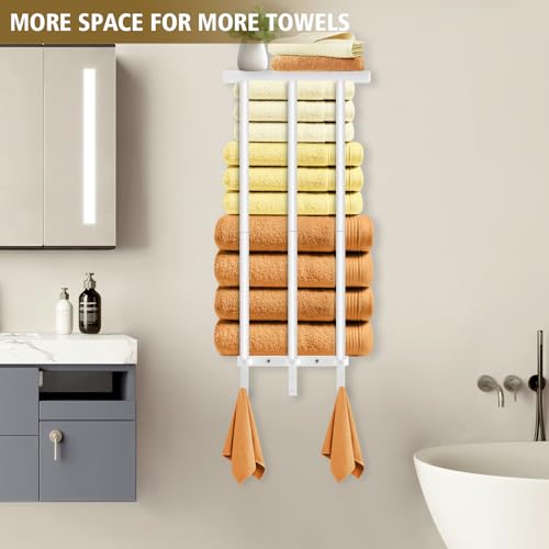 Kayfia Towel Racks for Bathroom Wall Mounted, Bathroom Tool Storage with Metal Shelf & 3 Hooks, Upgrade 3 Bars Towel Holder Wall Can Hold Up to 7 Large Bath Towels, Sturdy and Large Capacity, White