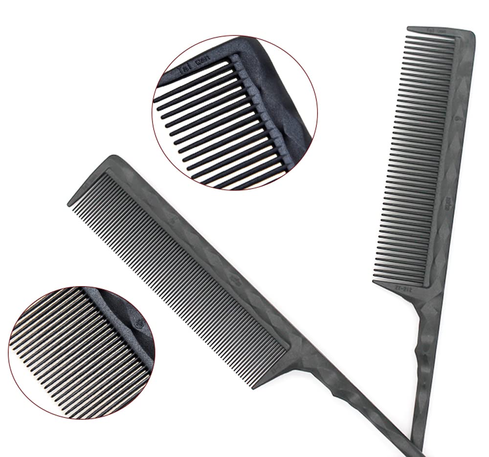 PERFEHAIR Heat Resistant Rat Tail Combs for Flat Iron Straightening, 2 Pieces Carbon Fiber Anti Static Styling Combs for Women, Fine and Wide Teeth, Black