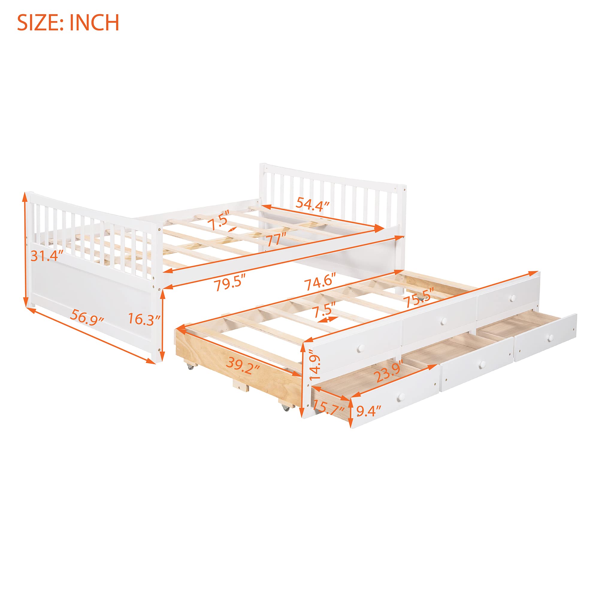 Harper & Bright Designs Full Size Daybed with Twin Size Trundle and 3 Storage Drawers, Wood Full Captainās Bed with Trundle Bed, Full Platform Bed Great for Kids Guests Sleepovers (White)