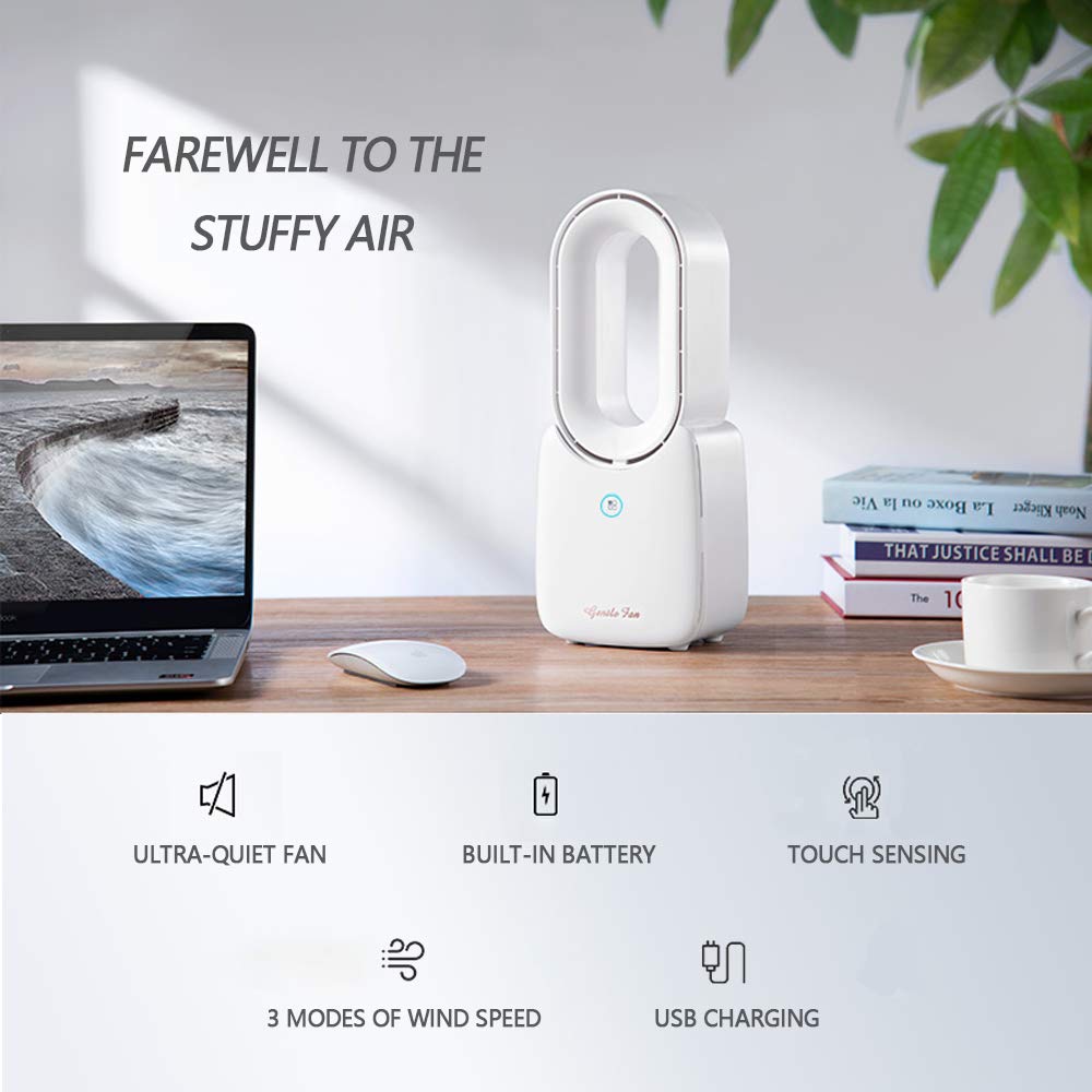 CONBOLA Desk Fan, 11.8 Inch Portable Bladeless Fan Small Table Fan Air Cooler, Rechargeable Touch Control Breeze Quiet Fan for Office Bedroom