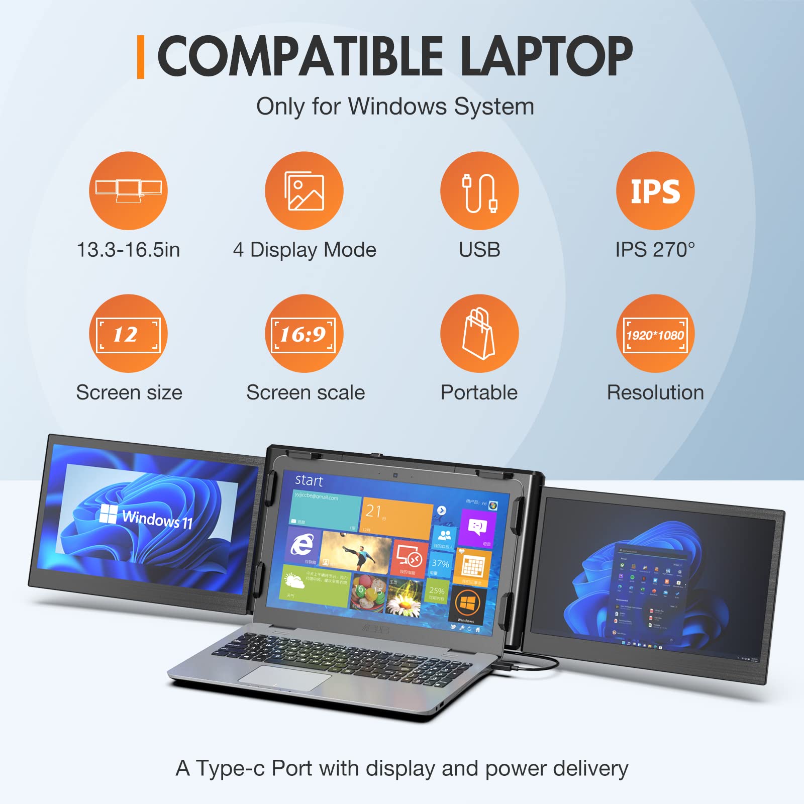 FLYTOCCA 12'' Laptop Monitor Extender, Portable Monitor for Laptop, 1080P Full HD IPS Laptop Screen Extender, Plug and Play No Driver, for 13.3β-16.5β Windows Laptop