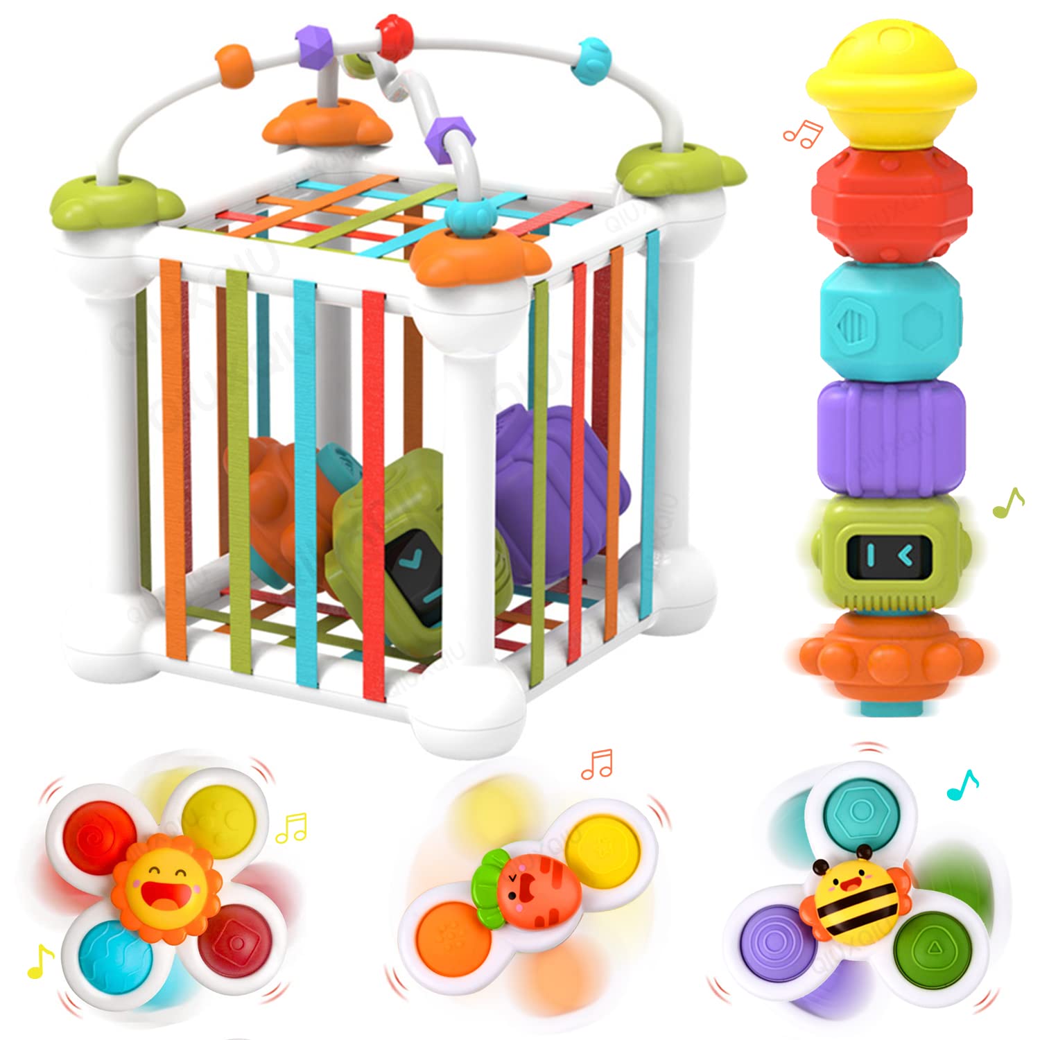 QIUXQIU Baby Shape Sorting Toys,Sensory Sorting Bin with 3 Pcs Suction Cup Spinner Toy,Colorful Shape Sorter Box,Shape Sorter Train, Early Learning Montessori Toys Gifts for 18 Months and Up 12 PCS