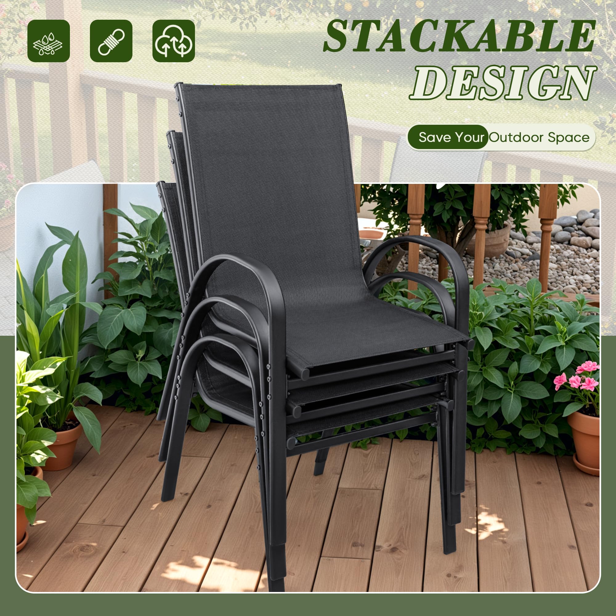 Homall Patio Chairs Teslin Stackable Outdoor Chairs Dining Chairs Set of 4 for Lawn Balcony Porch Outside (Black)