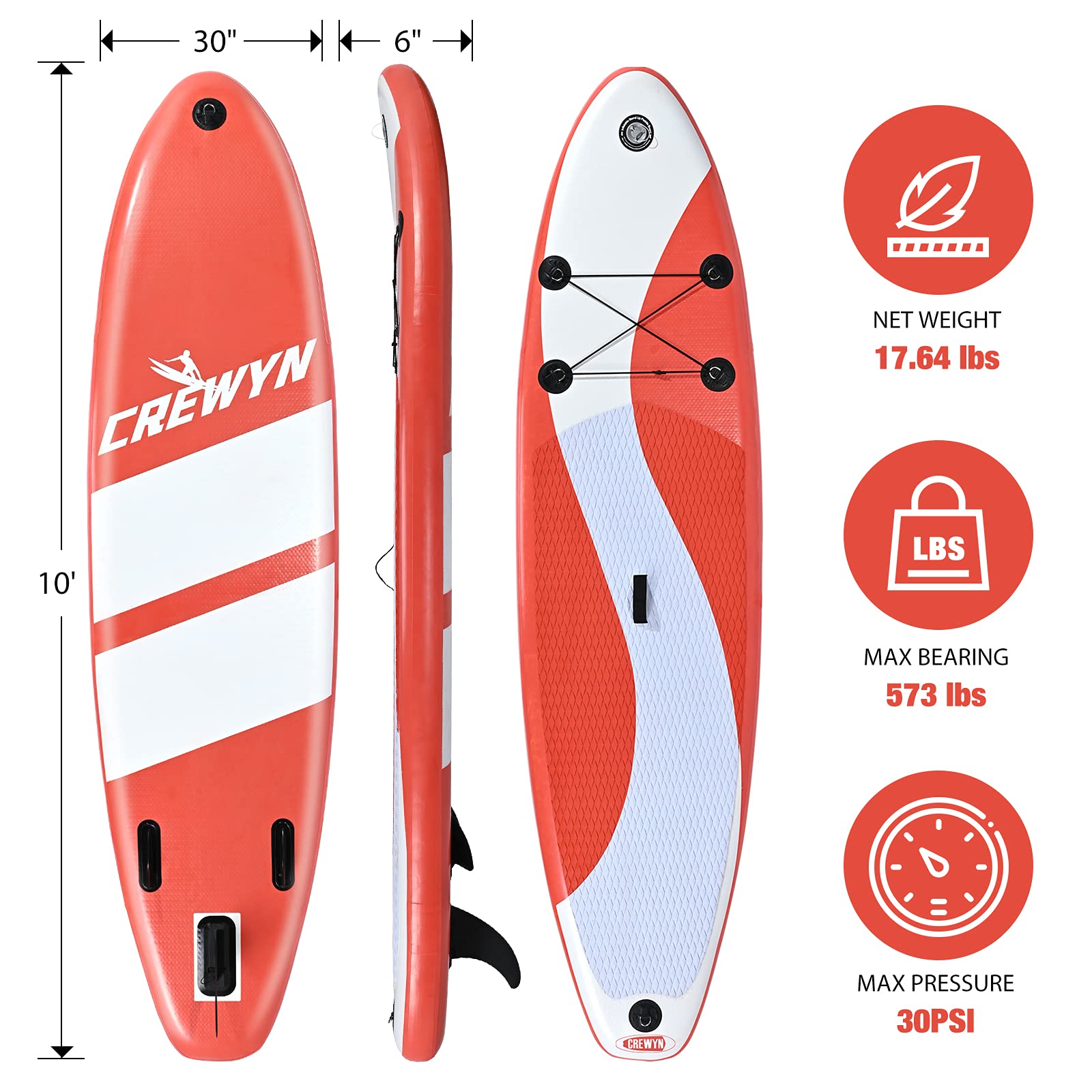 CREWYN Inflatable Stand Up Paddle Board - 10x30x6 Lightweight Paddle Board with SUP Accessories, Wide Stance Non-Slip Deck, Hand Pump, 3 Bottom Fin for Surf Control & Backpack ISUP for Adults Youth