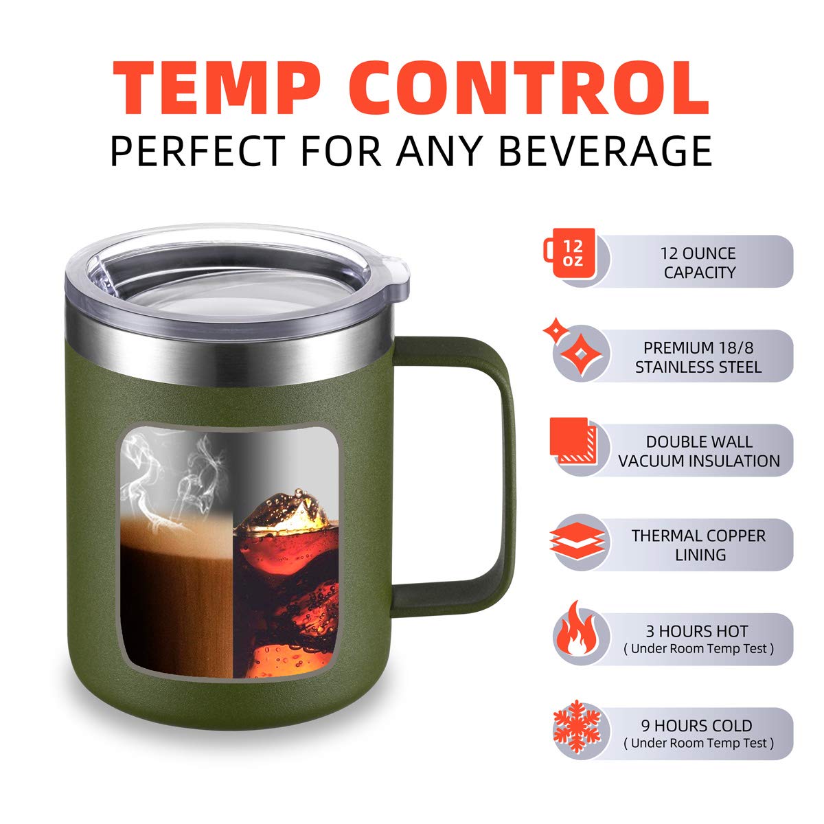 CIVAGO Stainless Steel Coffee Mug Cup with Handle, 12 oz Double Wall Vacuum Insulated Tumbler with Lid, Reusable and Durable Travel Coffee Cup Thermal Cup, Olive