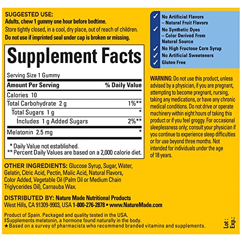 Nature Made Melatonin 2.5 mg Gummies, 100% Drug Free Sleep Aid for Adults, 80 Gummies, 80 Day Supply