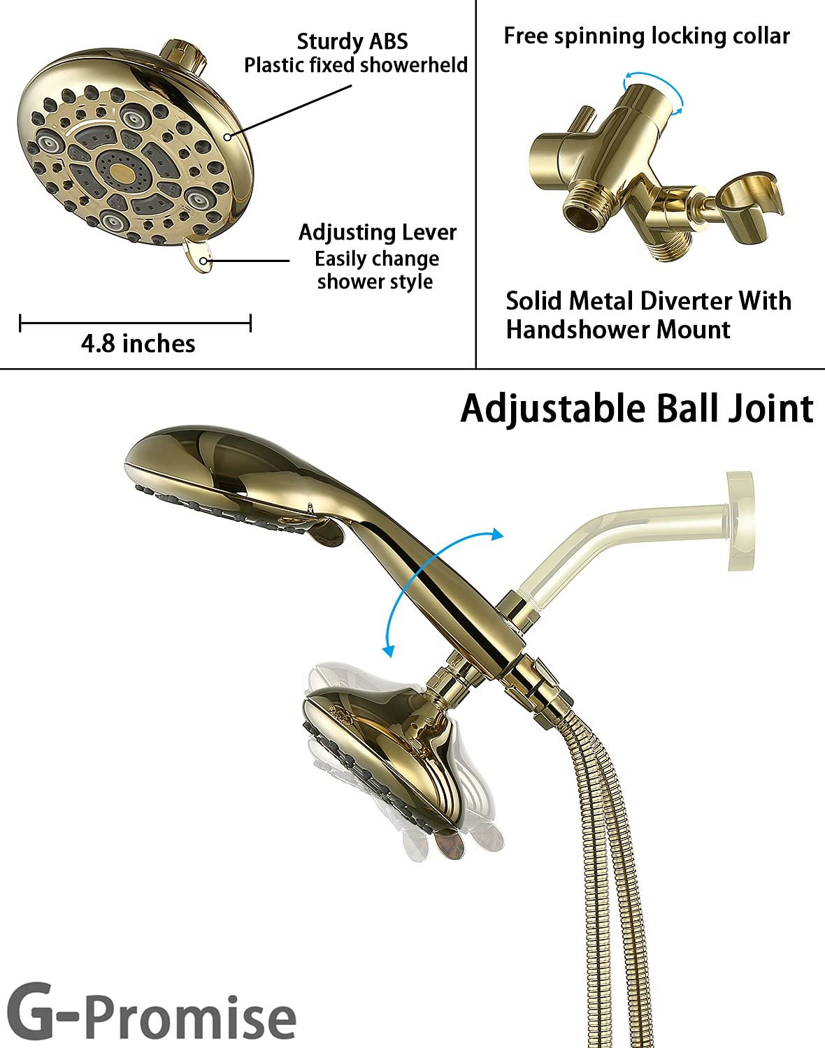 G-Promise High Pressure Dual Shower Head Combo | 72 Inches Flexible Stainless Steel Hose, 3-Way Solid Brass Diverter Bracket (Polished Brass)