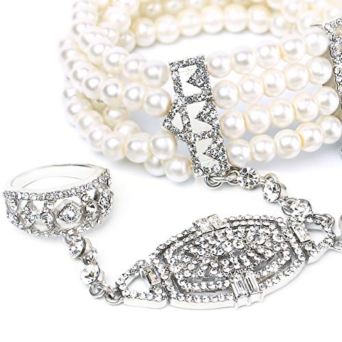 Coucoland 1920s Flapper Bracelet Ring Set Roaring 20s The Great Gatsby Austrian Crystals Imitation Pearl Bracelet Accessory (Silver)