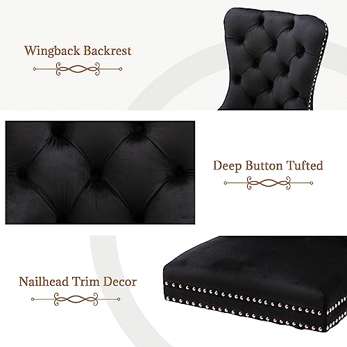 civama Dining Chairs Set of 2, Velvet Nikki Collection Dining Room Chair Upholstered Modern Luxury Tufted with Nailhead Trim Back Pull Ring Solid Wooden Legs, Black