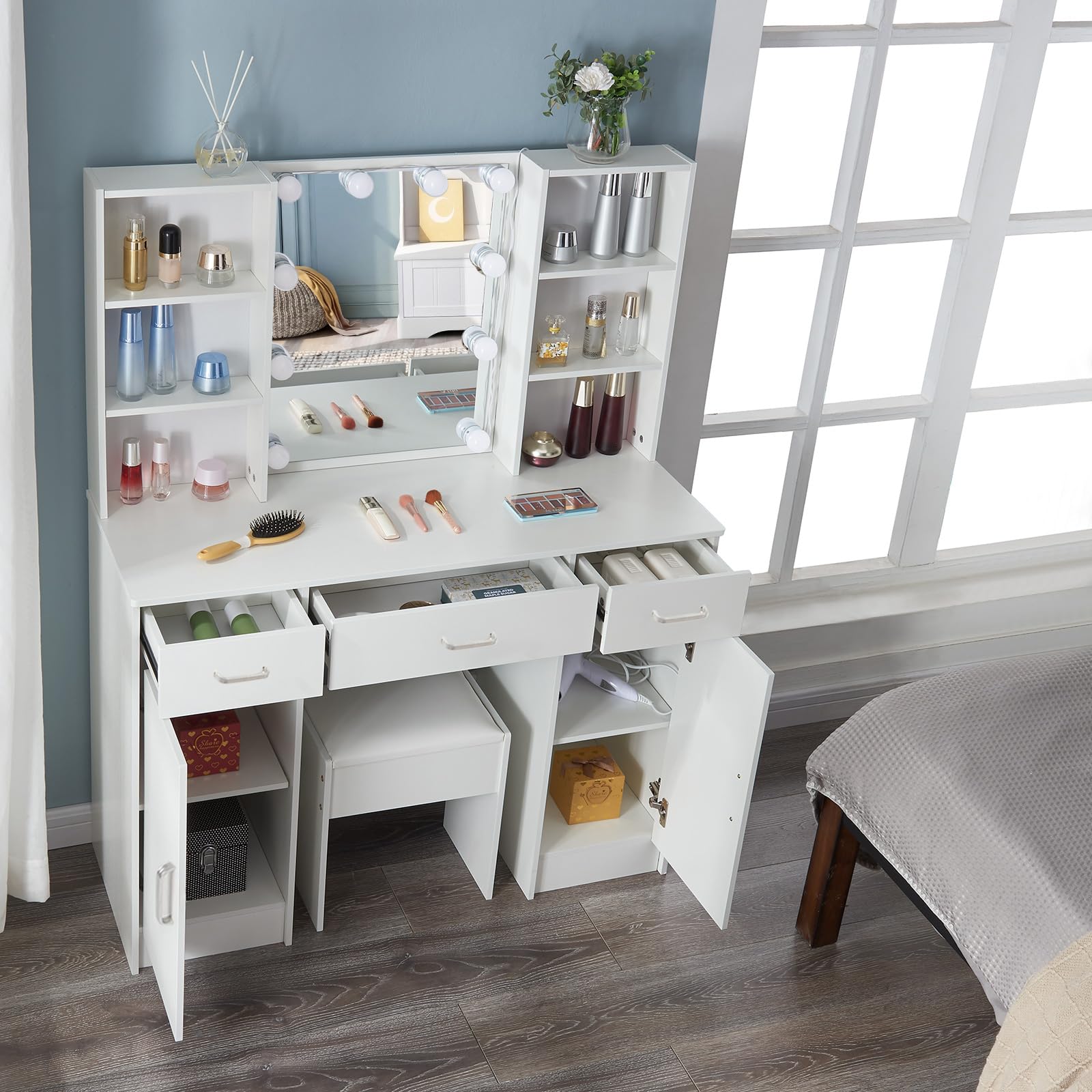 Caulitar Vanity Desk with Mirror and Lights-3 Color and Brightness Adjustable, Vanity Set with Drawers and Chair, White Makeup Vanity Table for Girls