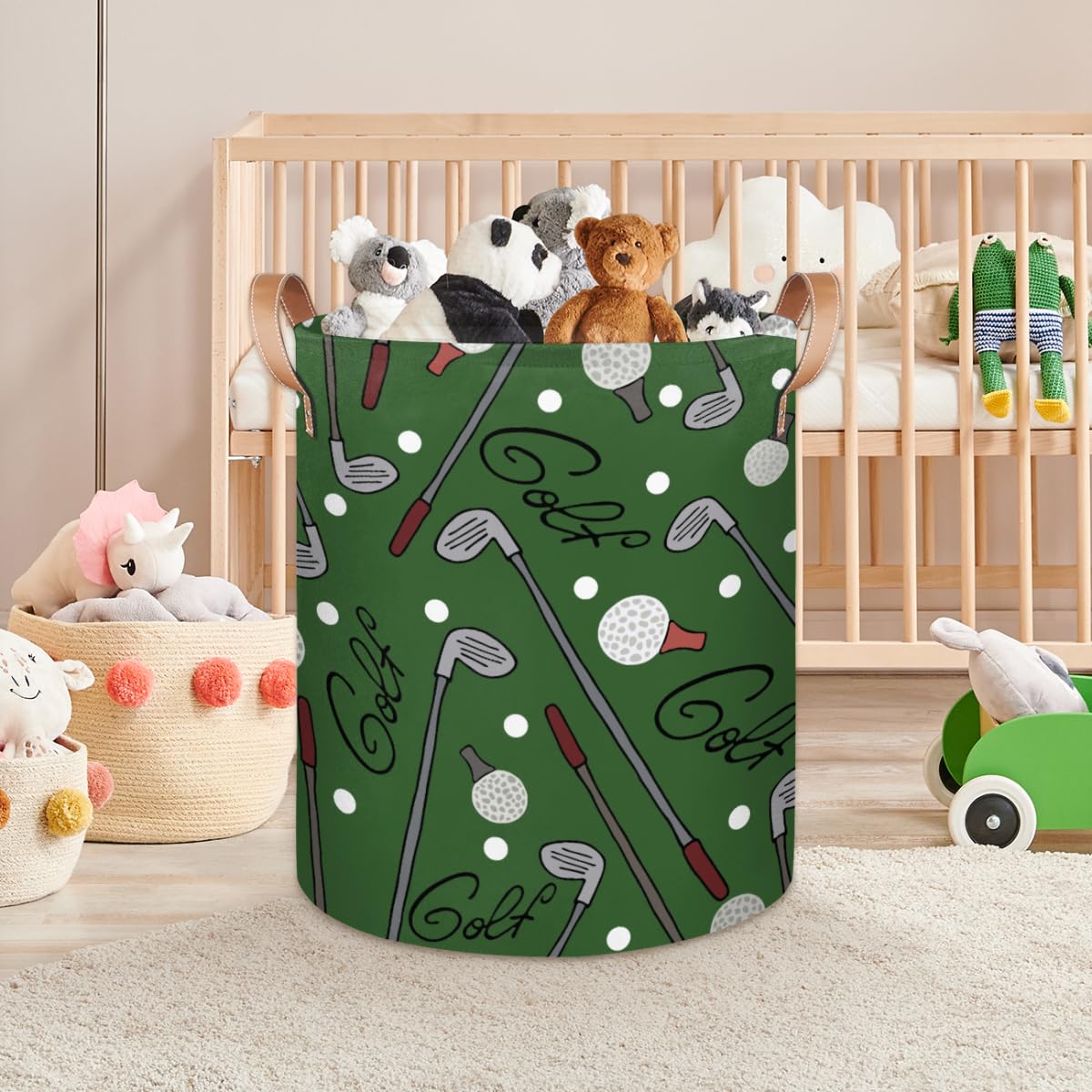 Large Laundry Basket Collapsible Laundry Hamper Cartoon Green Golf Ball Sport Laundry Bag with Handles Tall Clothes Hamper Toys Storage Basket Bin for Nursery College Dorm (70L)