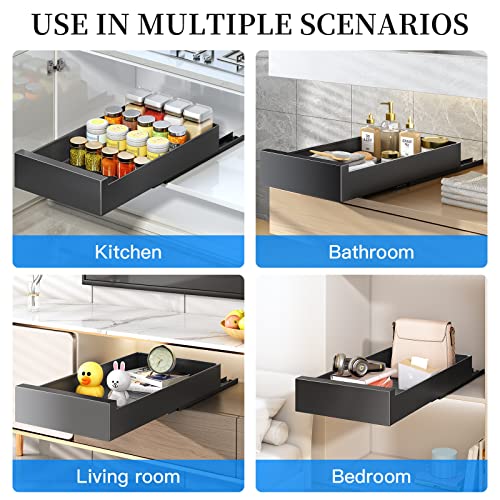 Pull Out Cabinet Organizer Fixed With Adhesive Nano Film,Heavy Duty Storage and Organization Slide Out Pantry Shelves Sliding Drawer Pantry Shelf for Kitchen,Living Room,Home, 11.8"W x16.9"D x 3.1"H