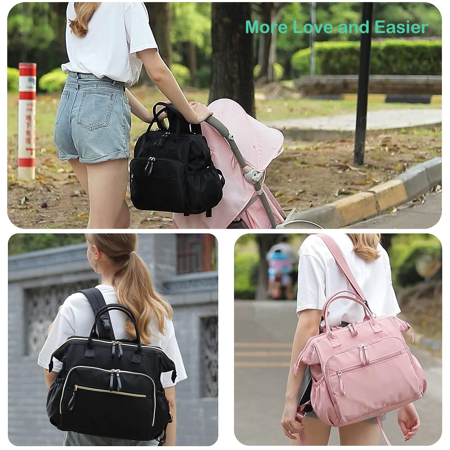 PAOIXEEL Large Capacity Diaper Bag Tote, Water-Resistant Nylon 3 Ways Travel Backpack and Should Bag with Anti-Theft Pockets, Black-Silver