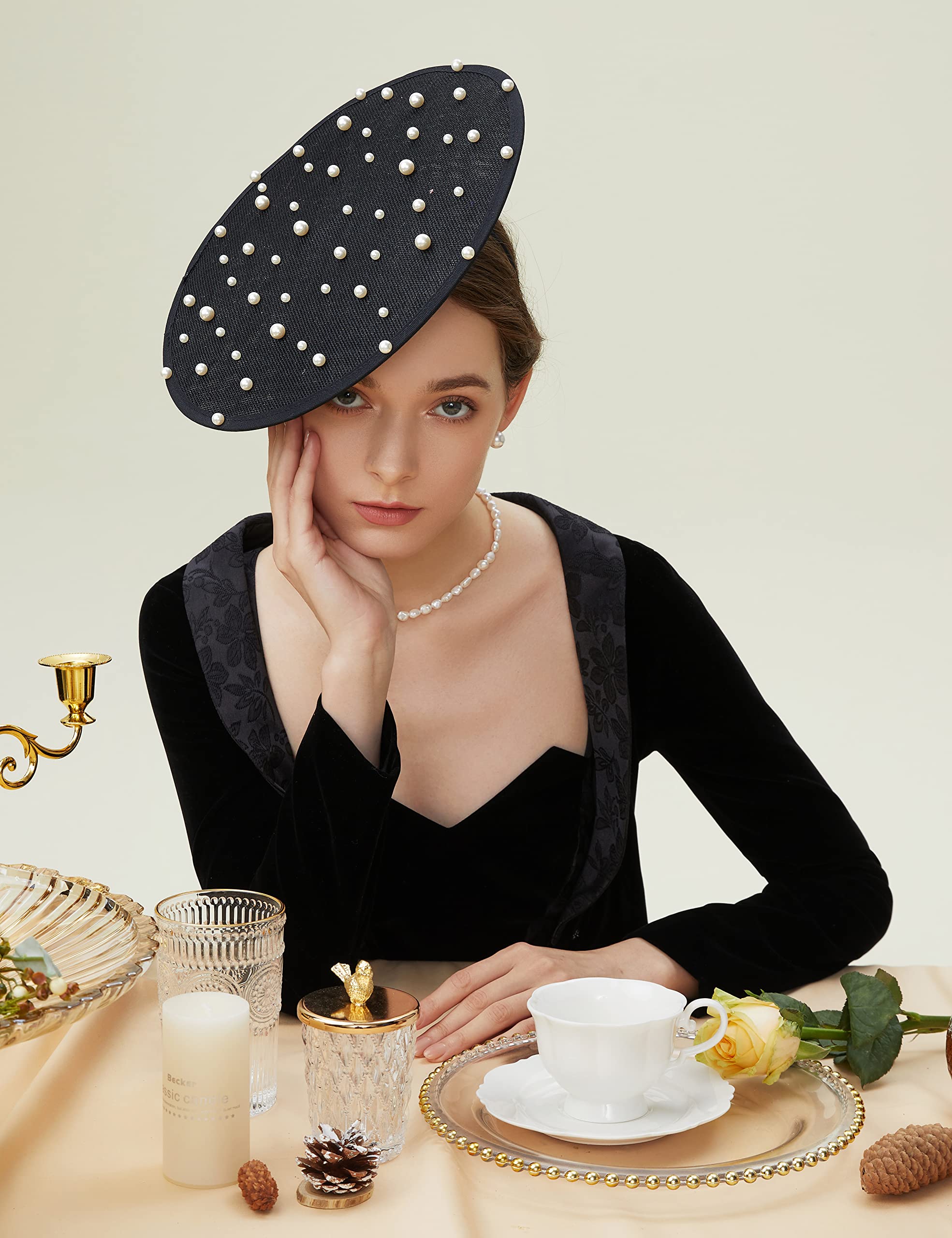 Coucoland Fascinator Hat Cocktail Tea Party Fascinator Headband Flat Kentucky Derby Fascinators for Wedding Black-Pearl