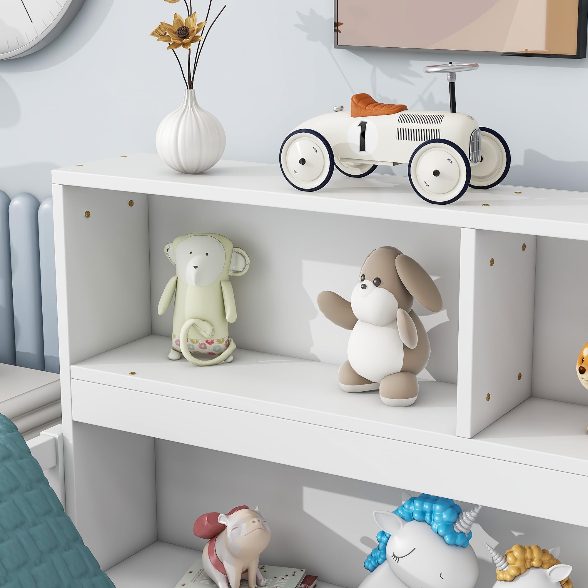 Harper & Bright Designs Full Size Floor Bed with Bedside Bookcase, Shelves, Guardrails, Wood Montessori Bed with Storage, White