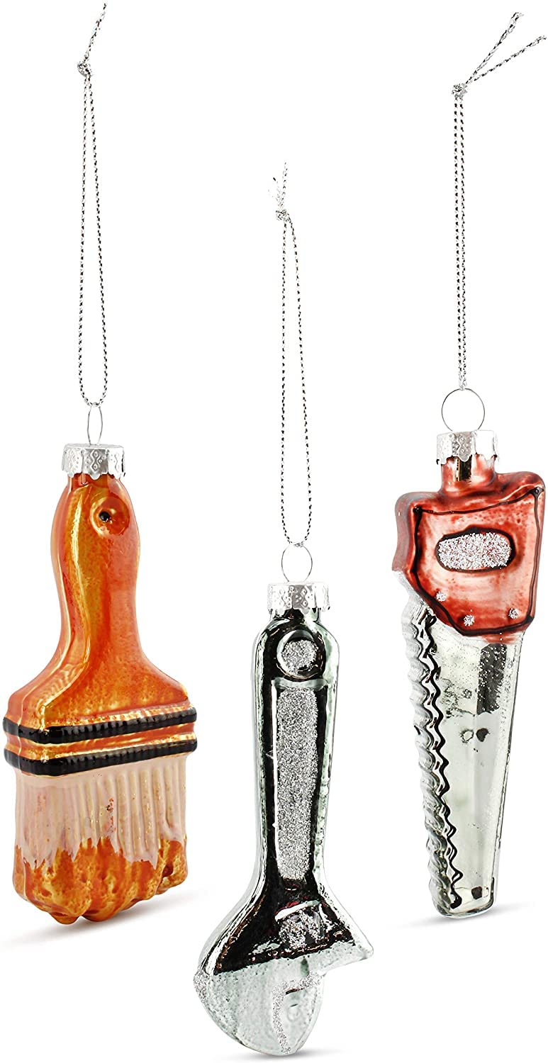 Decorae Glass Handyman Christmas Ornaments (Set of 3); Tools Holiday Decorations with Wrench, Saw and Paintbrush