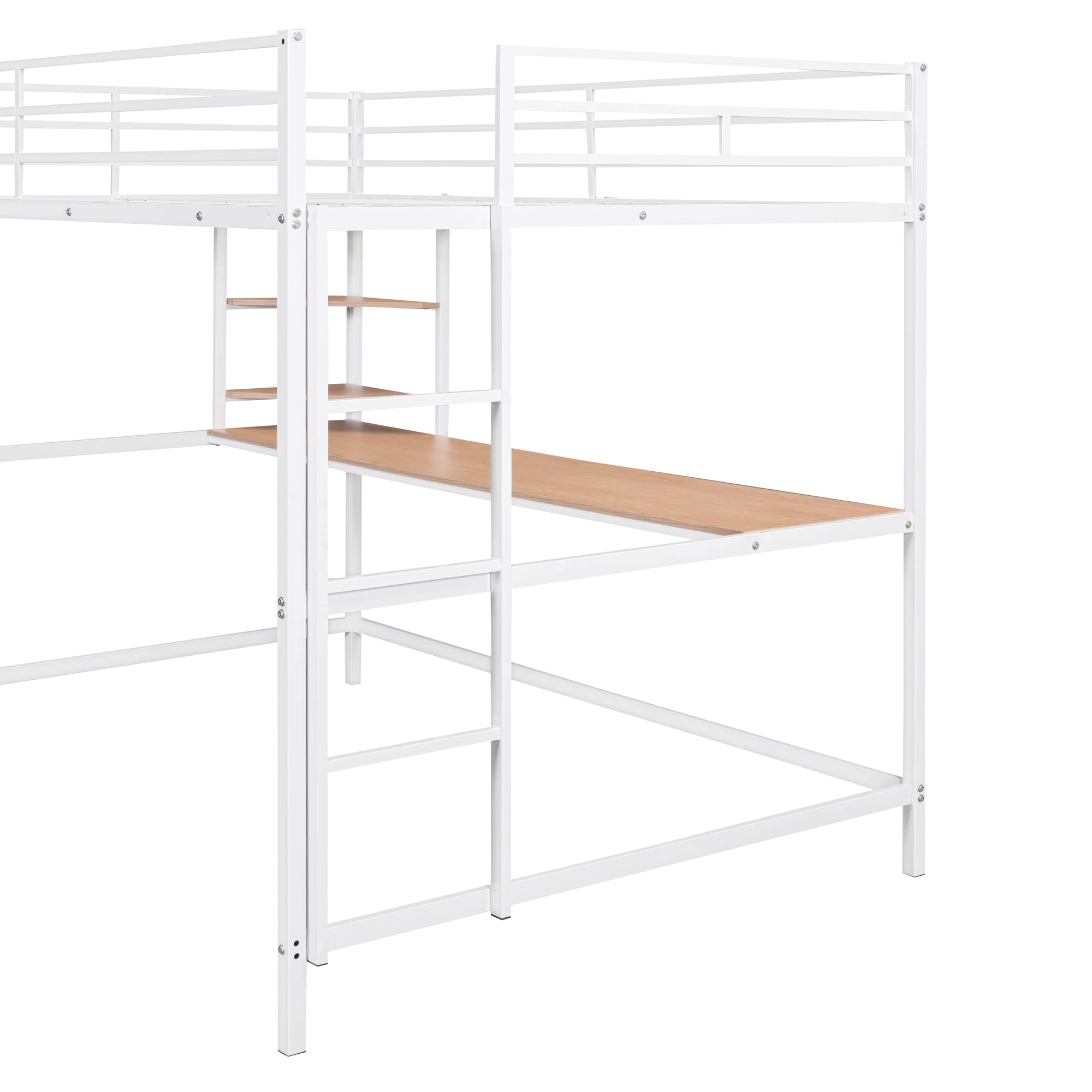 Full Size Loft Bed with Desk and Storage Shelves,Heavy-Duty Loft Bed Full for Kids,Metal Loft Bed Frame with Safety Guardrail,Space-Saving(Full,White)
