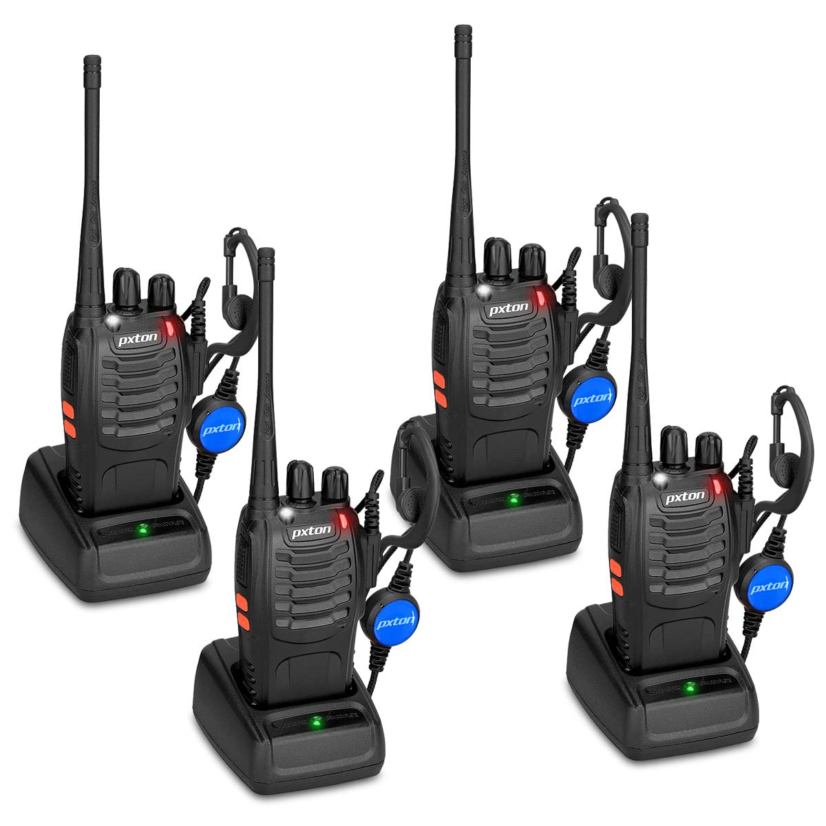 pxton walkie talkies for Adults Long Range with USB Charger and Upgraded Earpieces,Handheld Portable Two Way Radio walkie Talkie Rechargeable Include Li-ion Battery and Flashlight(4 Pack) Black