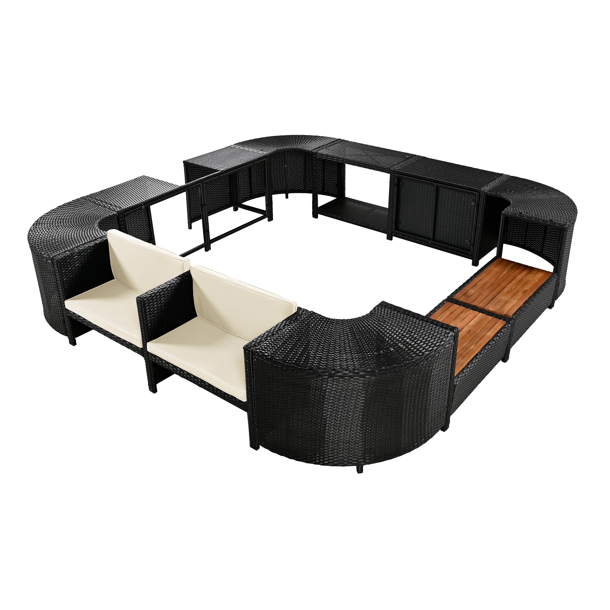 Harper & Bright Designs Spa Surround Spa Frame Quadrilateral Outdoor Rattan Sectional Sofa Set with Mini Sofa,Wooden Seats and Storage Spaces for Free Combination,Cream Beige