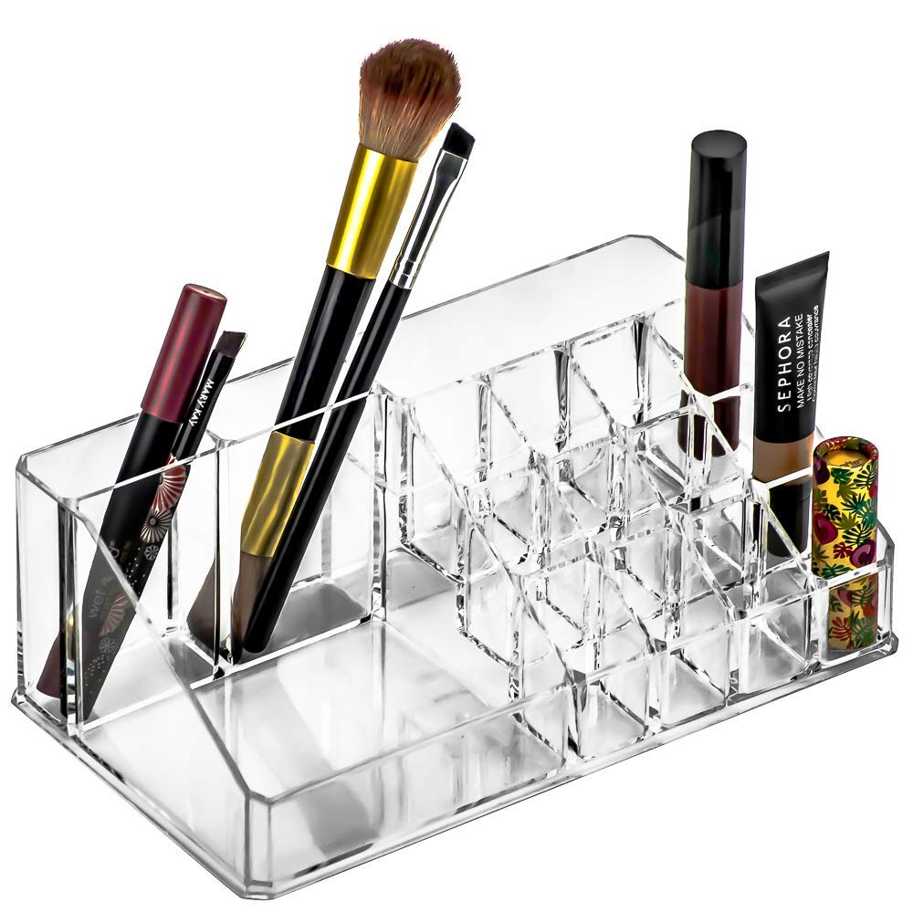 DecorRack Large Acrylic Makeup Organizer Cosmetic Storage, Lipstick Brush Holder Case Clear Compartments for Beauty Accessories, Lipstick Lip Gloss Tubes Bathroom Case Display Stand and Jewelry Vanity