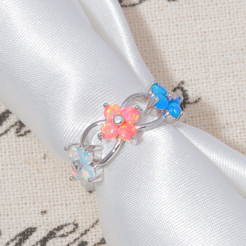CiNily Flower Opal Ring-Blue Pink White Fire Opal Silver Plated Women Jewelry Gemstone Ring Size 5-11