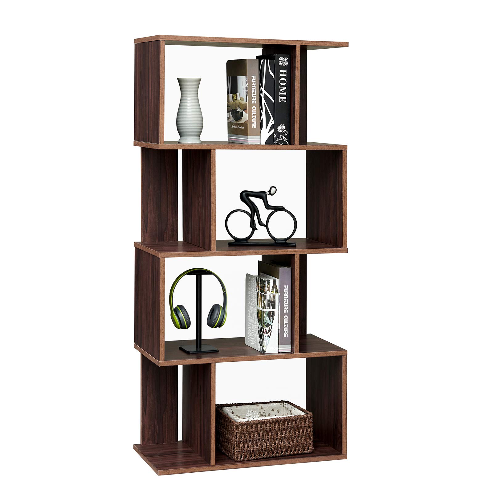 Coavas Rustic Bookcase Geometric Bookshelf Home Office Storage Shelves Vintage Display Shelf 4 Tiers Modern Organizer, Walnut