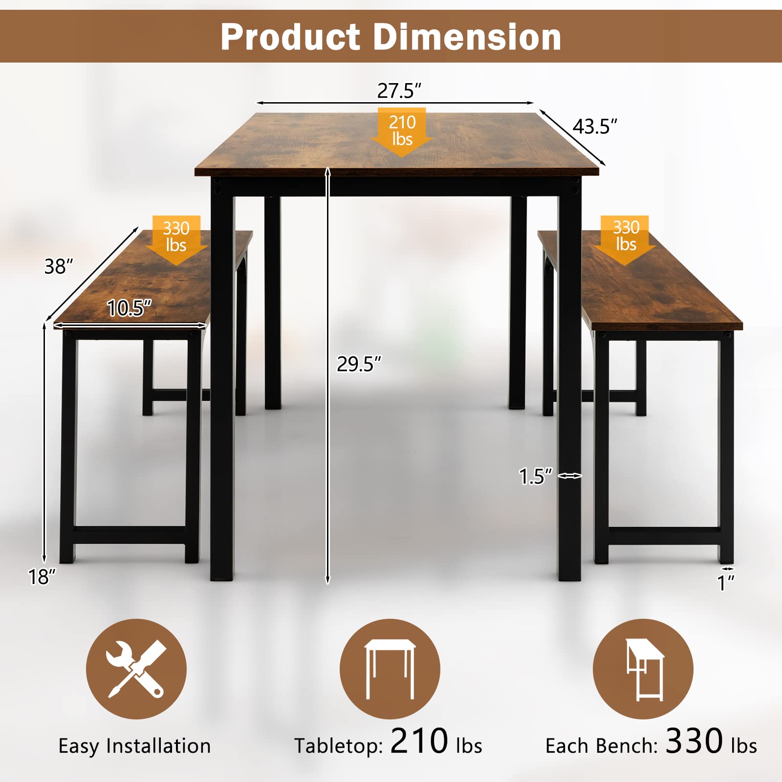 LDAILY Moccha Dining Table Set for 4, 3-Piece Modern Breakfast Table Set with 2 Benches & Metal Frame, 43.5" Wood Kitchen Table Set, Space-Saving Dinette Set for Small Spaces, Dining Room, Natural